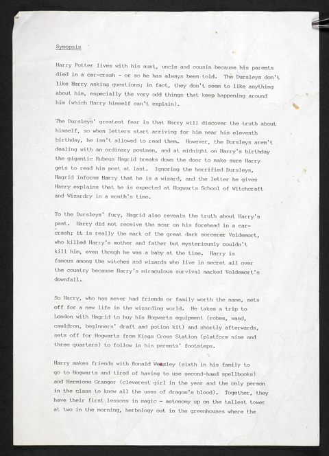 Original Harry Potter Synopsis By Jk Rowling Is Now On Display At