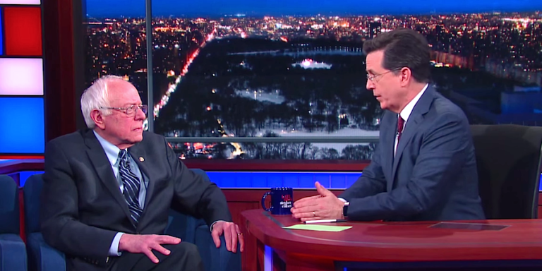 Stephen Colbert Did Not Go Easy on Bernie Sanders Last Night Stephen Colbert Did Not Go Easy on Bernie Sanders Last Night