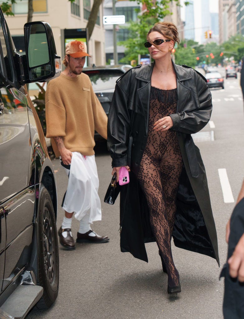 Hailey Bieber Shakes Up Her Maternity Wardrobe In A Sheer Lace Catsuit