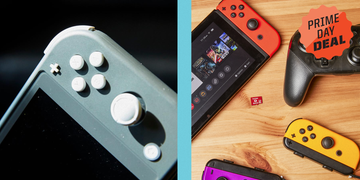 a side by side of a nintendo switch lite and nintendo switch with accessories