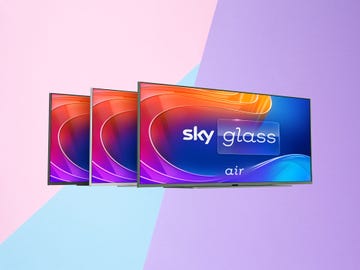 sky glass air tv sets displayed together on a colourful background