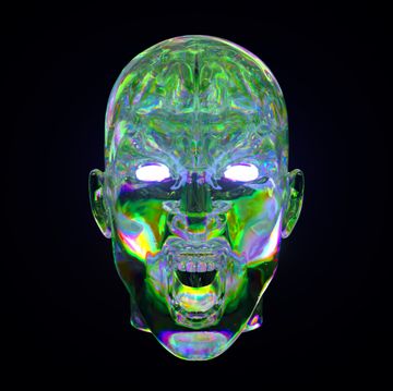 visualization of artificial intelligence. diamond brain inside a transparent screaming head. rainbow green.