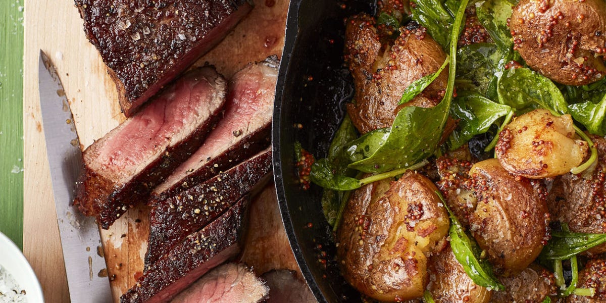 Best Bistro Steak With Mustard Smashed Potatoes And Spinach Recipe How To Make Bistro Steak